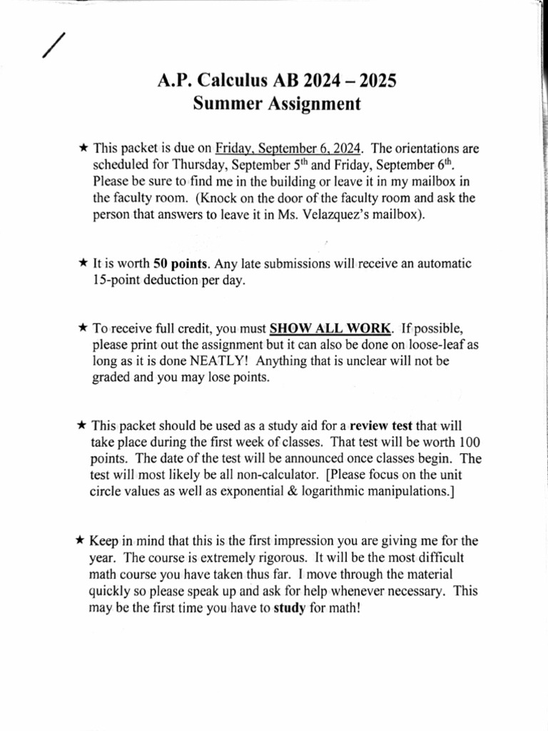 AP Calc Summer Worksheet | PDF