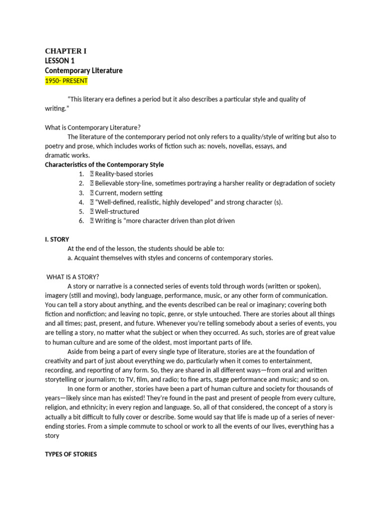 Lesson 1 Contemporary Literature | PDF | Poetry | Metre (Poetry)