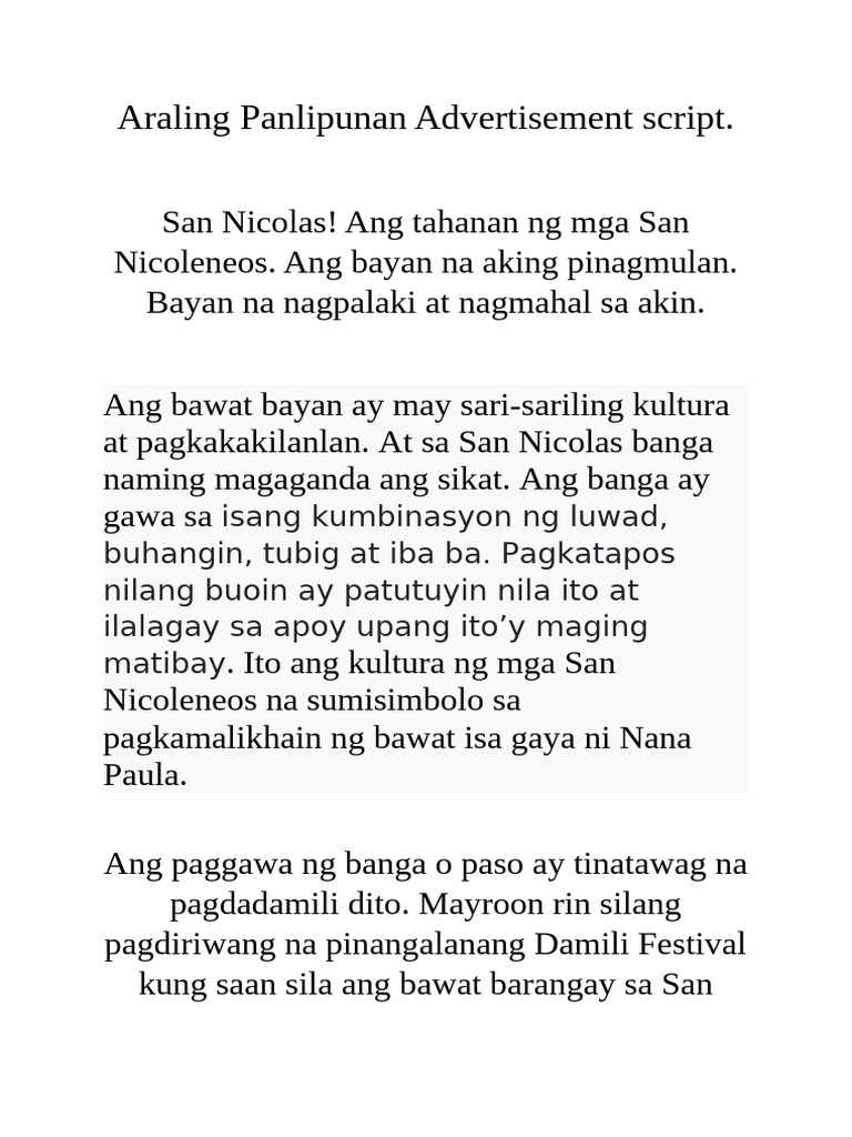 Araling Panlipunan Advertisement Script | PDF