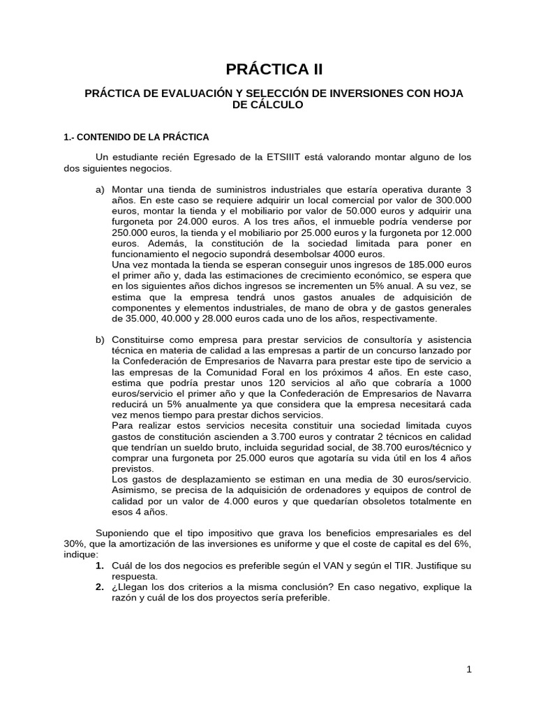 PRÁCTICA II EVALUACION - SELECCIÓN INVERSIONES - MiAulario | PDF ...
