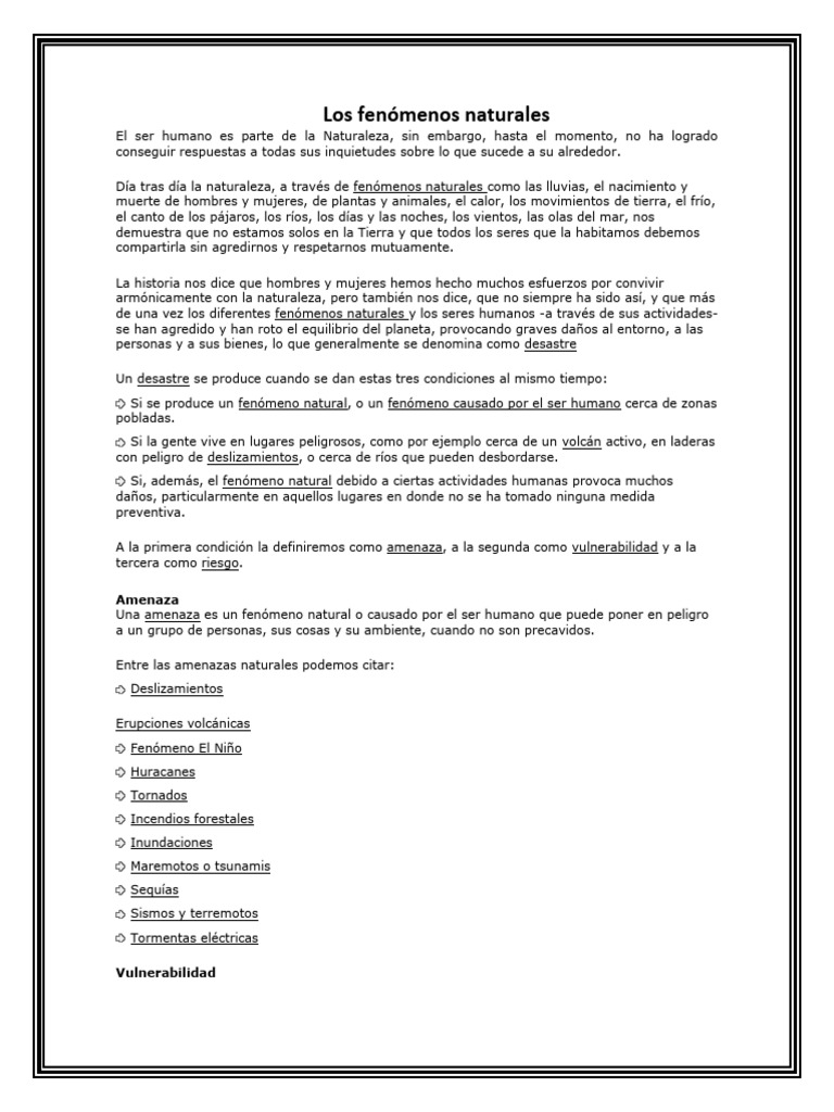 LECTURA SOBRE LOS FENOMENOS NATRURALES (1) | PDF | Desastres naturales ...