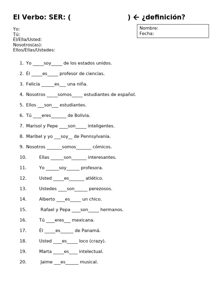 U1 Desafio 1 El Verbo Ser Practice Worksheettttt | PDF