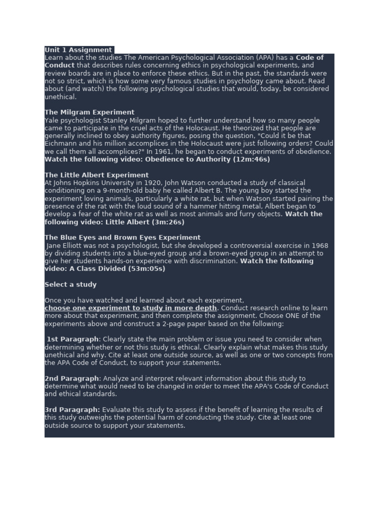 Unit 1 Assignment | PDF | Obedience (Human Behavior) | Psychology