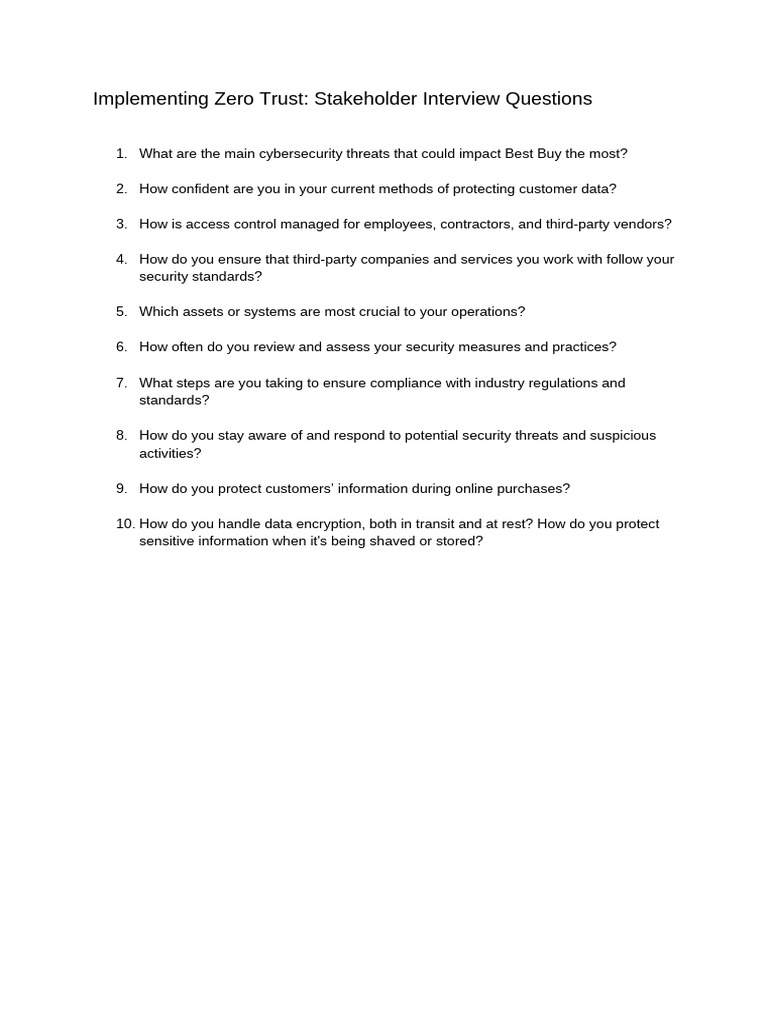 Implementing Zero Trust - Stakeholder Interview Questions | PDF