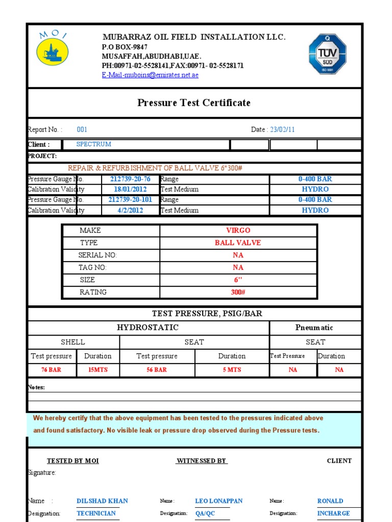 Pressure Test Certificate | PDF | Pressure Measurement | Leak