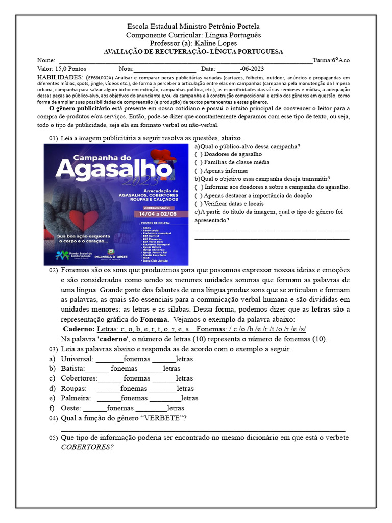 Atividades Avaliativa Editada 2 Bimeste - Tarde | PDF | Publicidade | Fonema