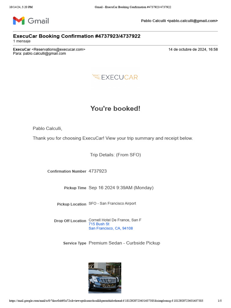 Gmail - ExecuCar Booking Confirmation #4737923_4737922 | PDF | San Francisco International ...