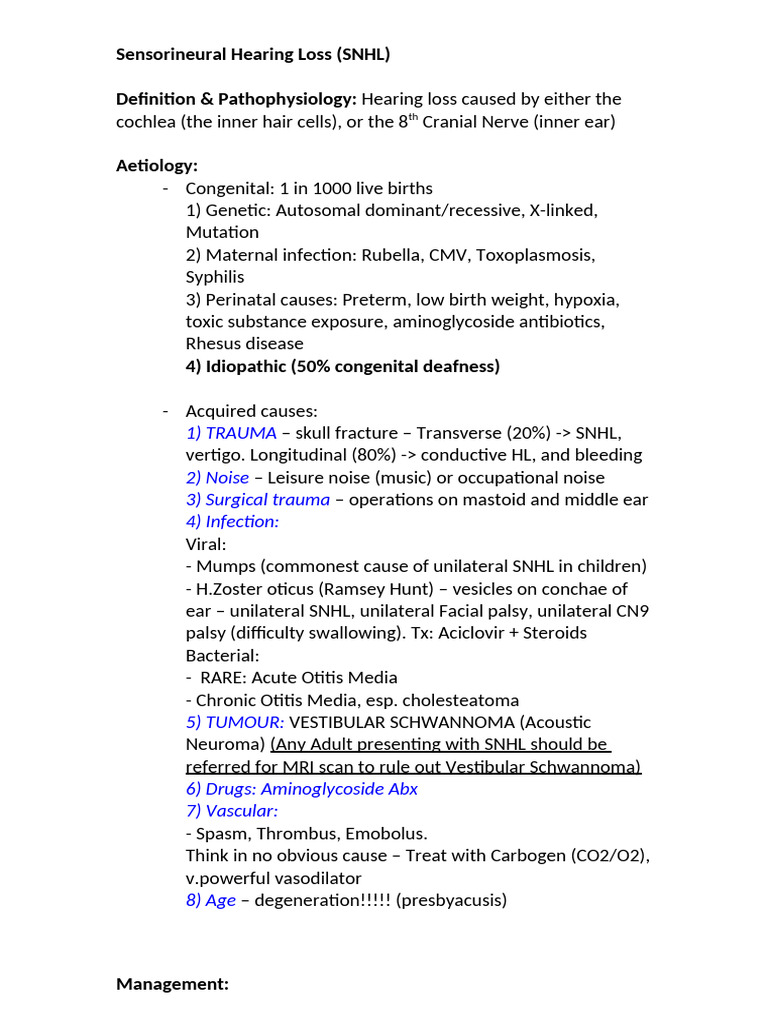 Sensorineural Hearing Loss (SNHL) | PDF