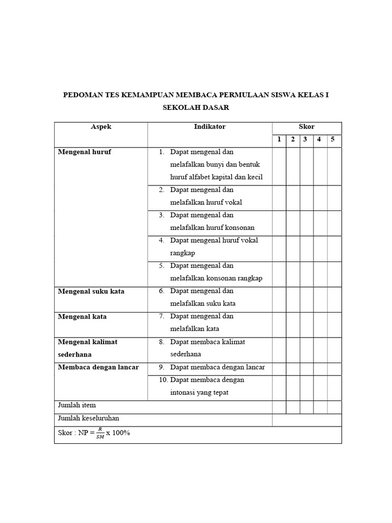 Pedoman Tes Membaca Kelas 1 SD | PDF