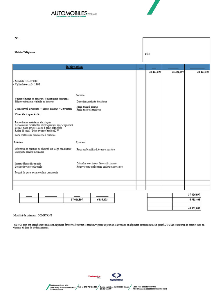 Facture Proforma Vente Voiture KUV100 | PDF | Voiture de sport | Berline
