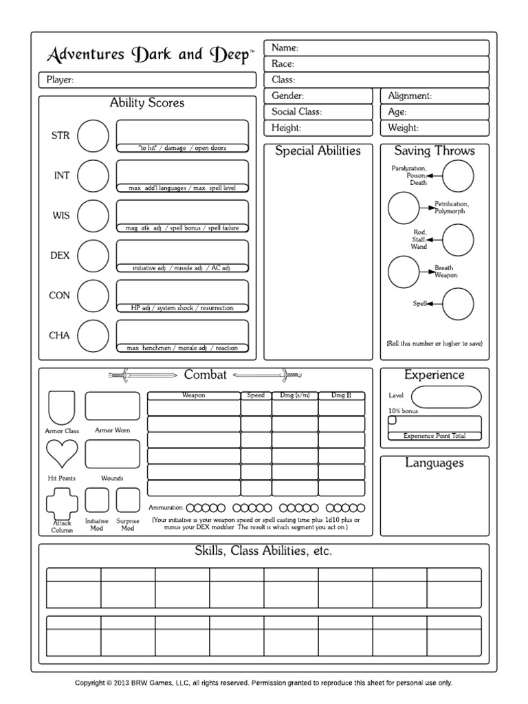 Adventures Dark and Deep Character Sheet | PDF