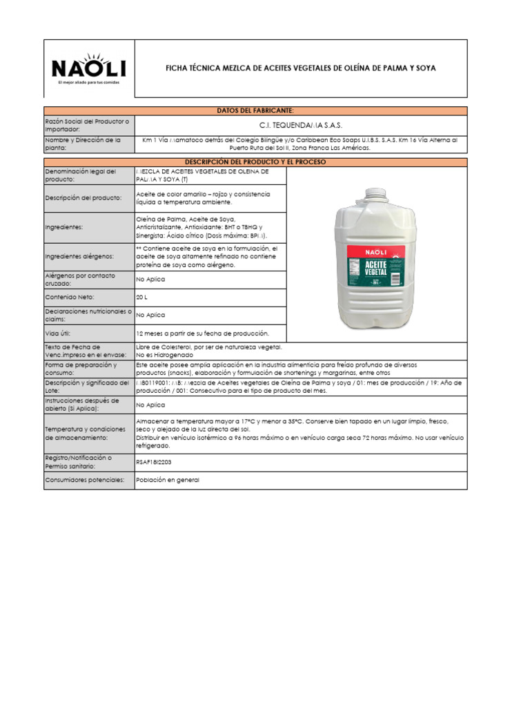 FT Naoli Mezcla de Aceites Vegetales de Oleína de Palma y Soya Clima ...