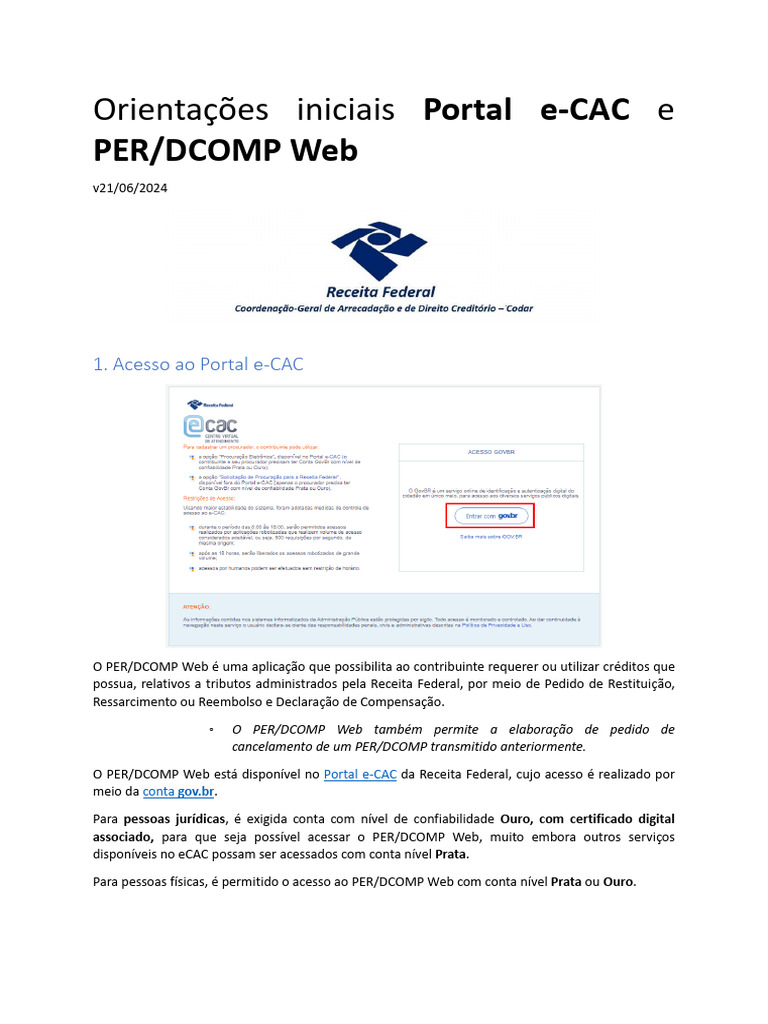Orientacoes Iniciais Portal e Cac e Per Dcomp Web | PDF | Crédito ...