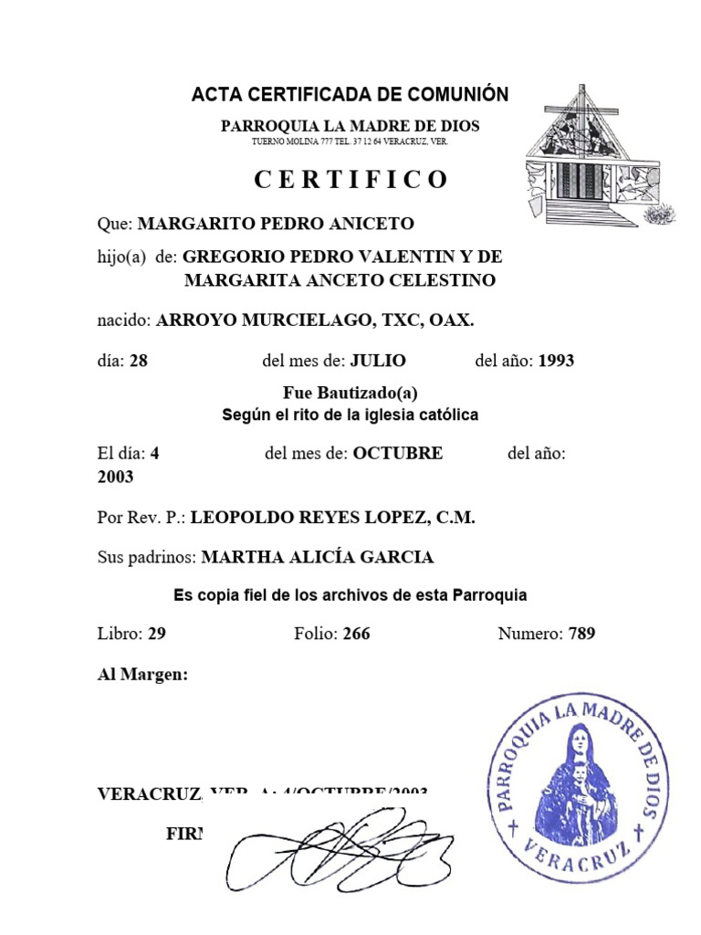 Acta Certificada de Bautizo | PDF