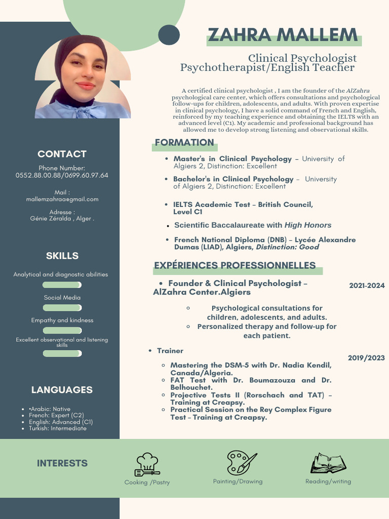 Mon Cv Zahra Mallem | PDF | Clinical Psychology | Psychotherapy