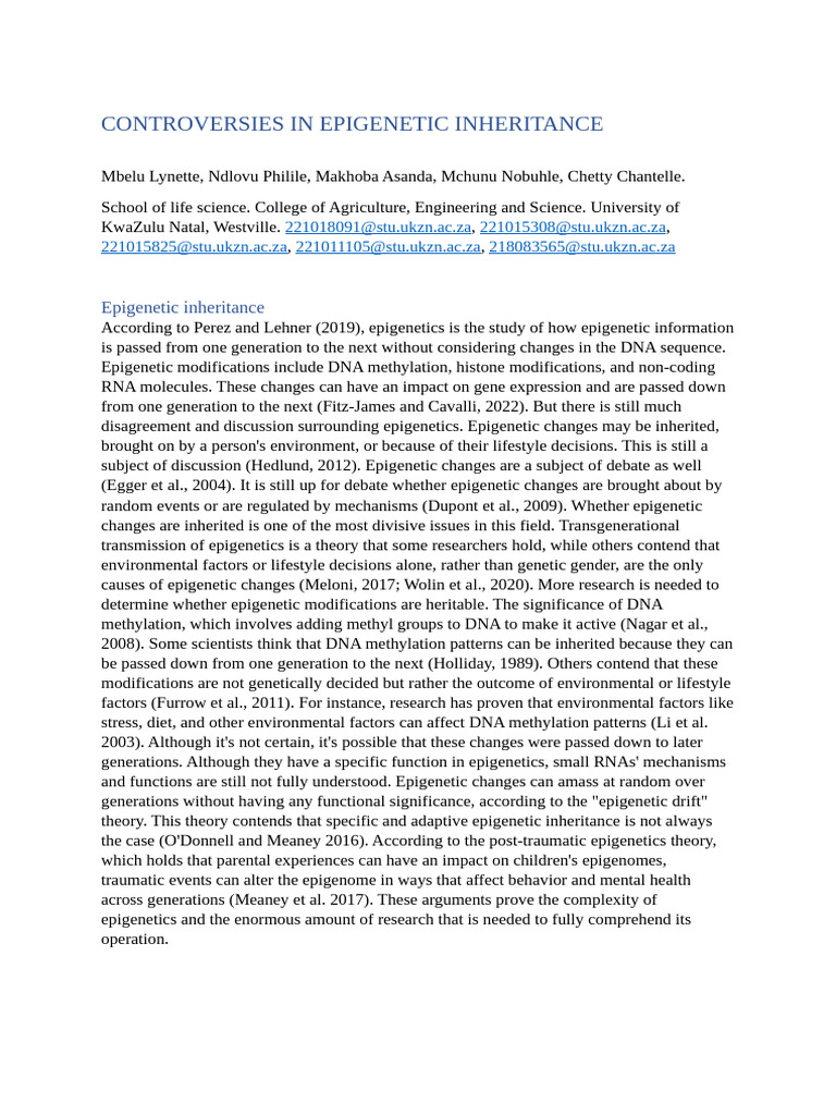 Bio 350 EPIGENETIC INHERITENCE | PDF | Epigenetics | Heredity