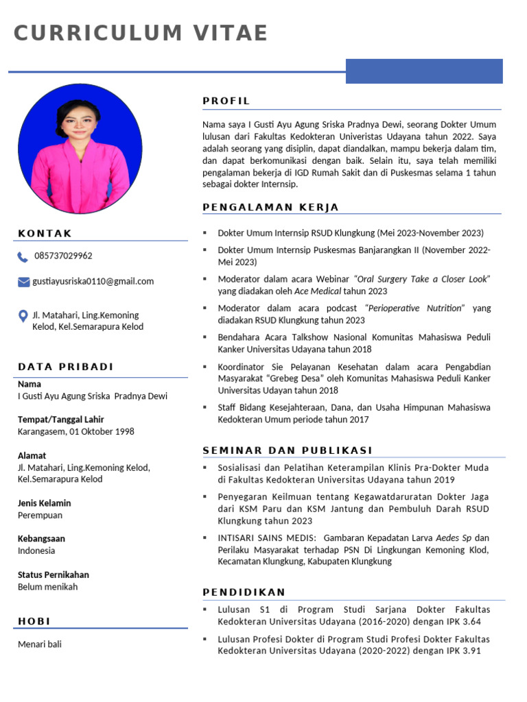 Curriculum Vitae - Dr. I Gusti Ayu Agung Sriska Pradnya Dewi, S.ked | PDF