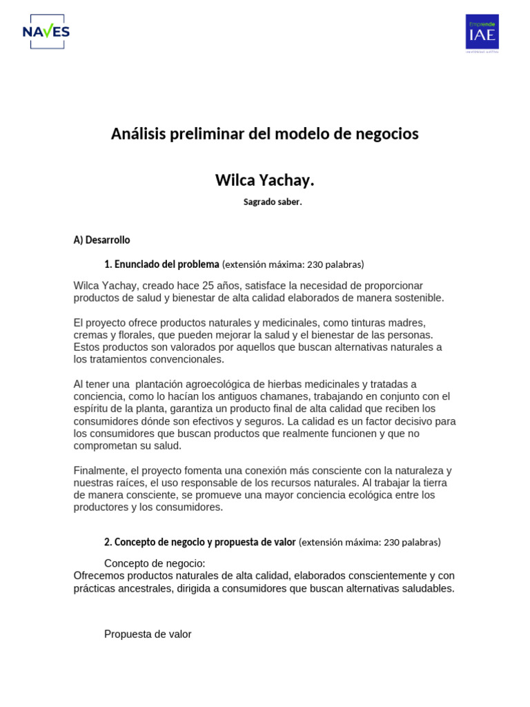 Modelo - Resumen Preliminar de Negocios Wilca Yachay Final | PDF ...