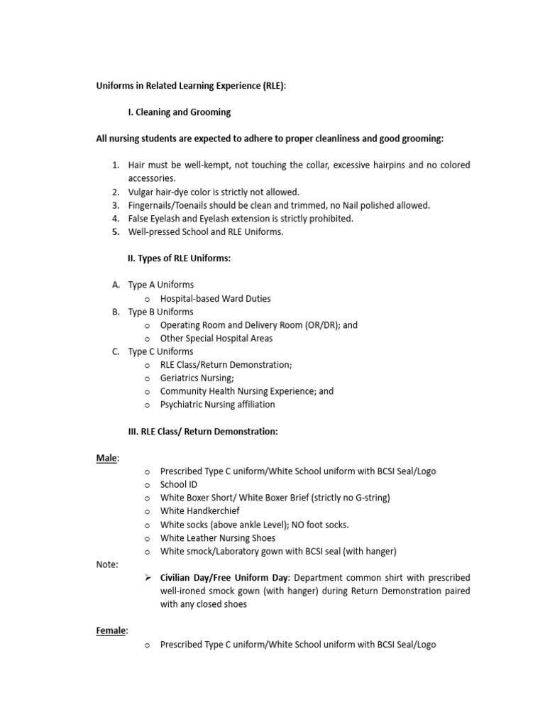 Uniforms and Paraphernalia For BSN Related Learning Experience Duty | PDF
