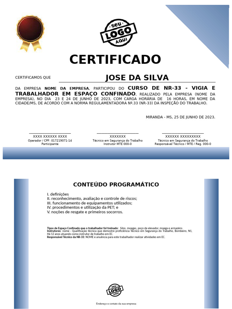 Modelo de Certificado - NR-33 16h Vigia e Trabalhador | PDF