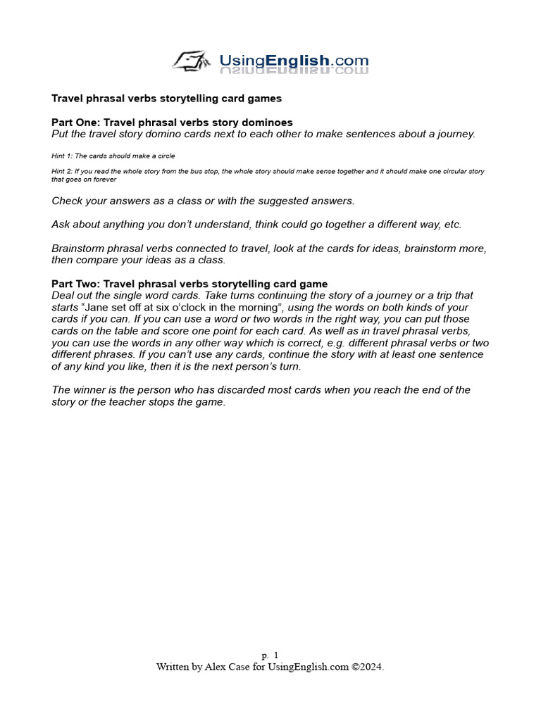 Travel Phrasal Verbs Storytelling Card Games | PDF | Word | Languages