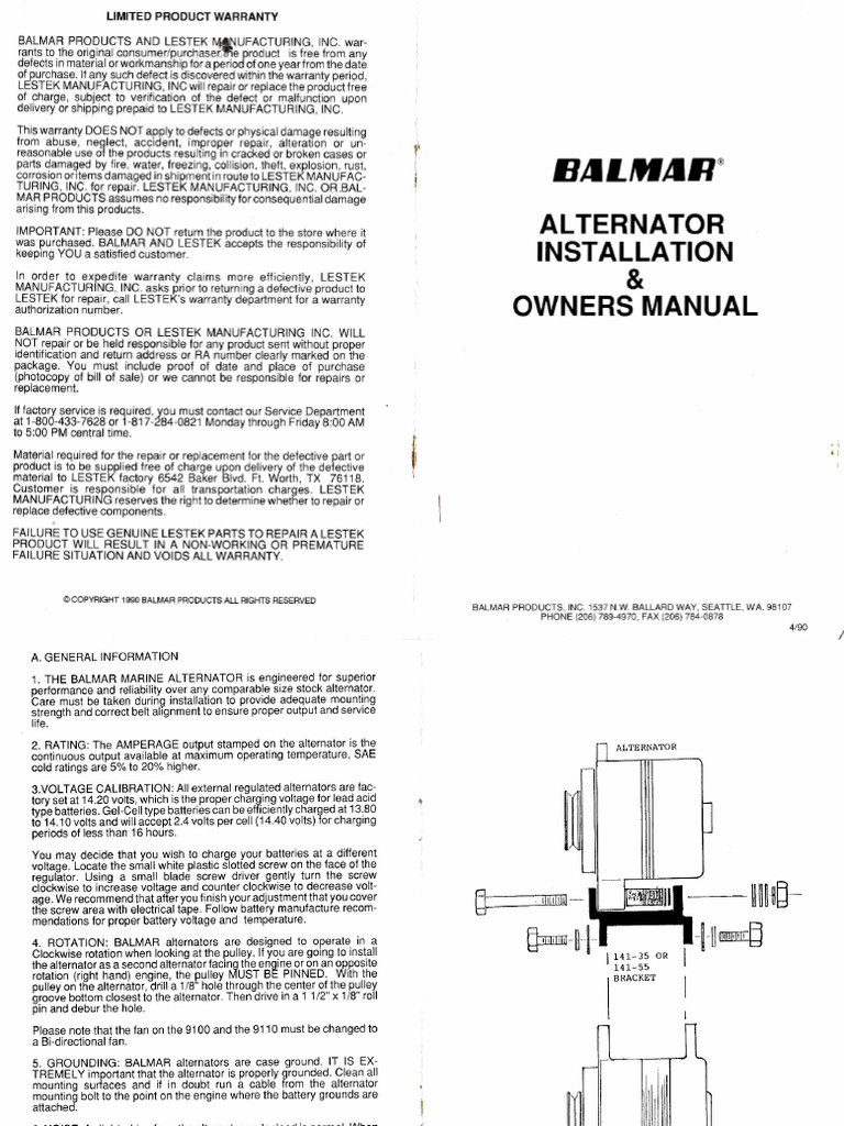 Balmar Alternator Installation & Owners Manual | PDF