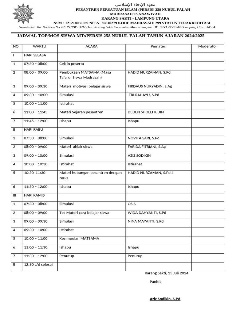 Jadwal MATSAMA MTs Persis 258 | PDF