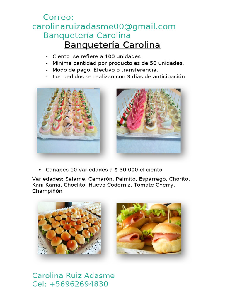 Banquetería Carolina: Menú y Precios | PDF | Ingredientes de comida ...