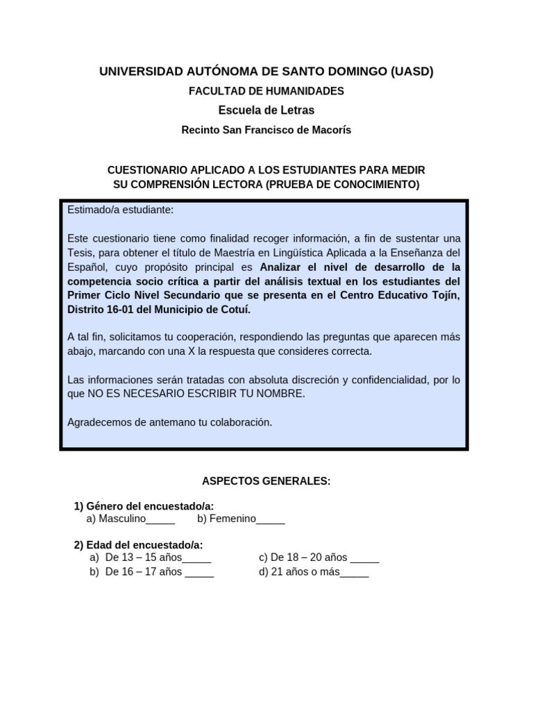 Cuestionario de Comprensión Lectora | PDF | Inferencia | Cuestionario