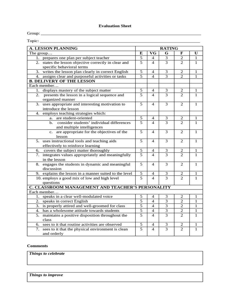 Evaluation Sheet Teaching Demonstration | PDF | Teachers | Classroom ...