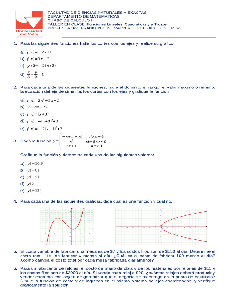 01 Taller Funciones Lineales y Cuadráticas | PDF | Matemáticas | Objetos matemáticos