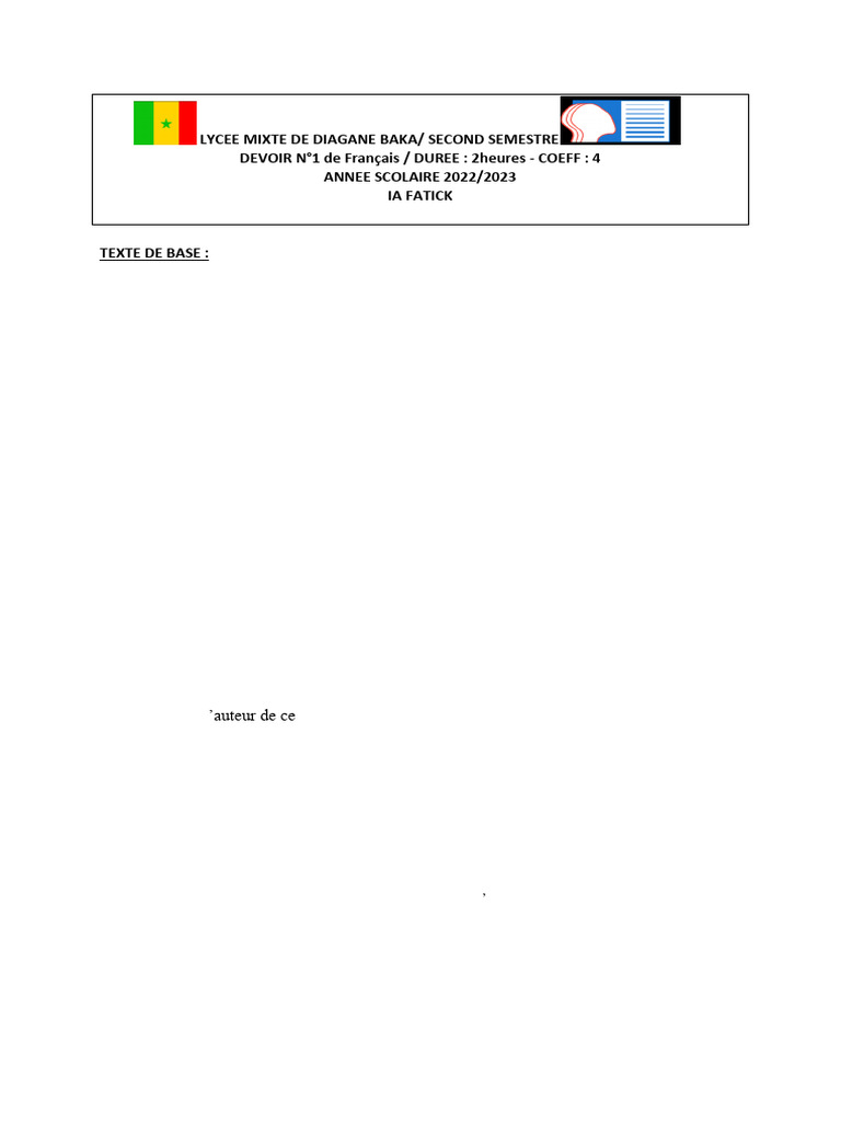 Evaluation Premier Devoir Du Second Semestre | PDF