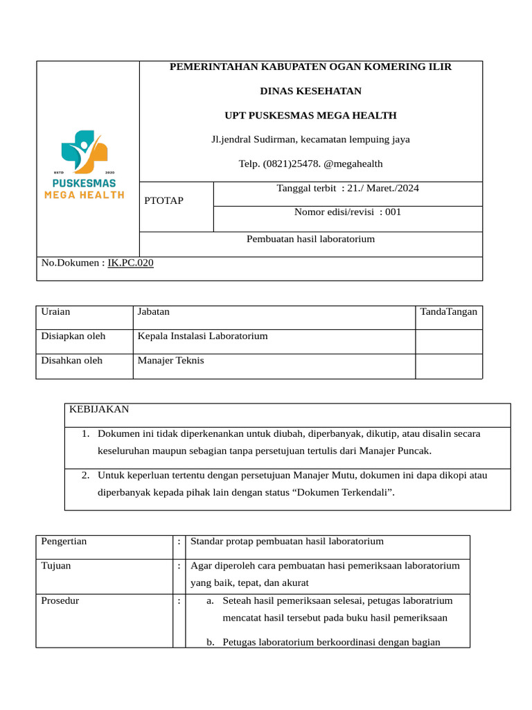 Protap Pembuatan Hasil Laboratorium | PDF
