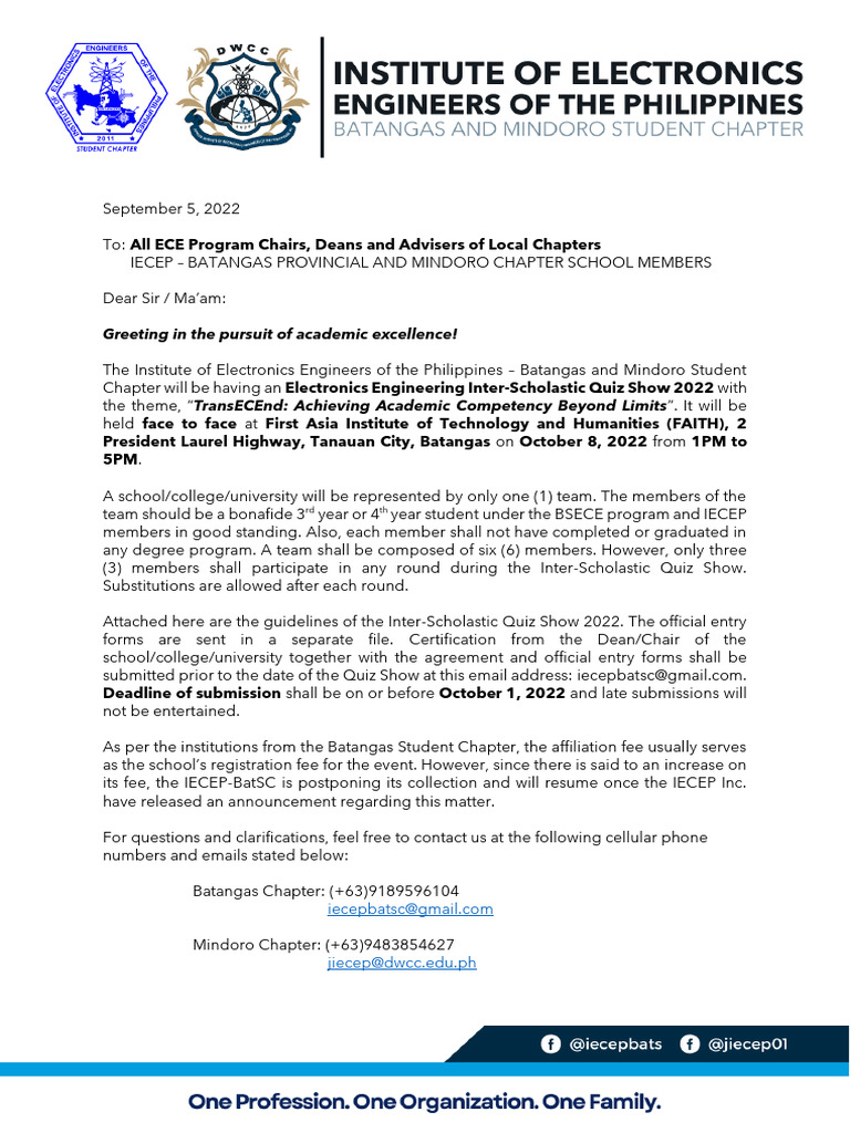 IECEP Batangas and Mindoro Inter Scholastic Quiz Show 2022 | PDF