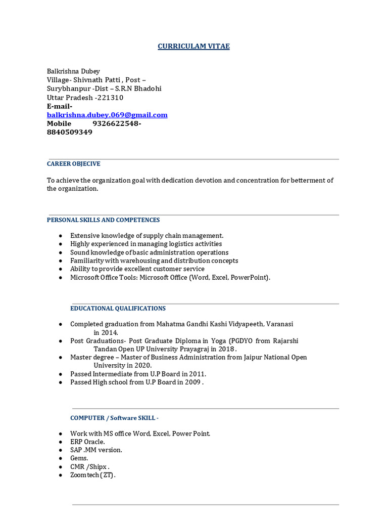 Logistics Professional CV: Balkrishna Dubey | PDF | Logistics | Transport