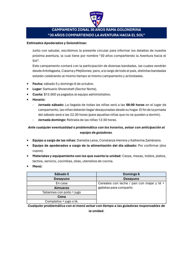 Comunicado Campamento 30 Años Golondrinas | PDF