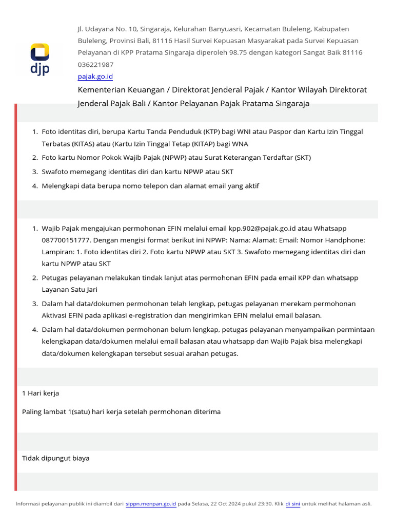 Unduh Standar Pelayanan - Permohonan Aktivasi EFIN | PDF