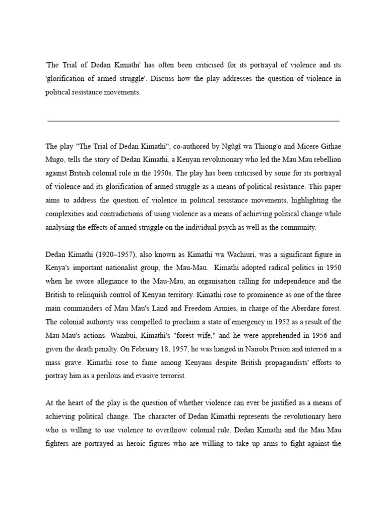 Portrayal of Violence in Political Resistance Movements in "The Trial of Dedan Kimathi" | PDF ...
