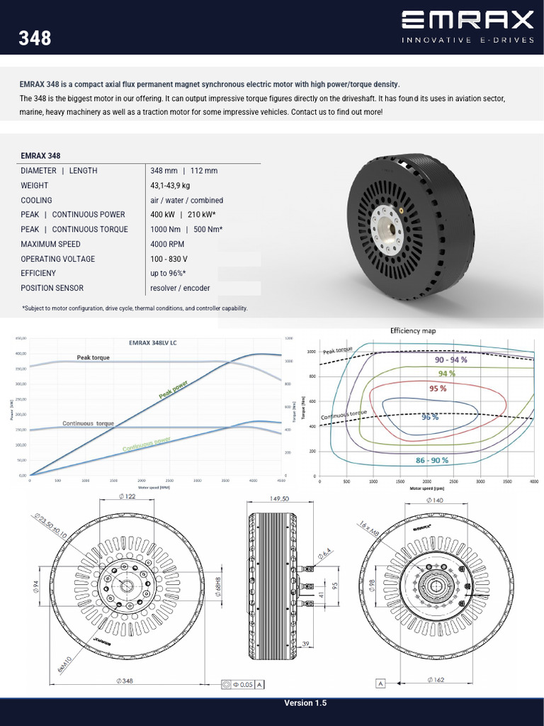 EMRAX 348 Datasheet v1.5 | PDF | Electric Motor | Power (Physics)