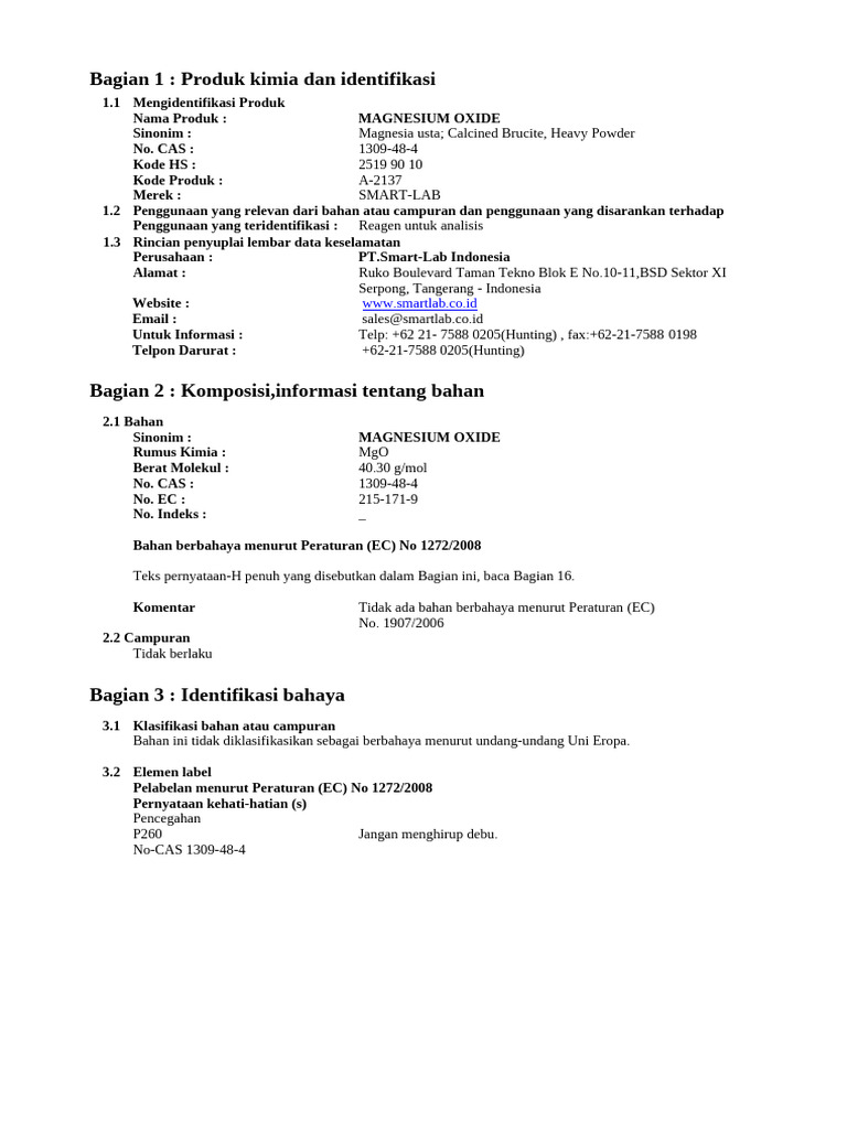 MSDS MAGNESIUM OXIDE (INDO) - Dikonversi | PDF