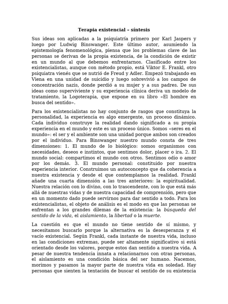 Terapia Existencial - Síntesis | PDF | Existencialismo | Conceptos ...