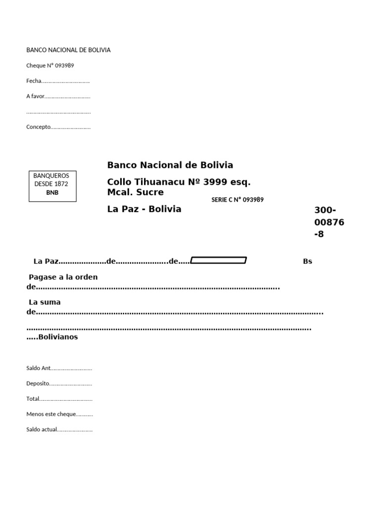 Cheque en Blanco BNB Bolivia | PDF | Bancos | Bolivia