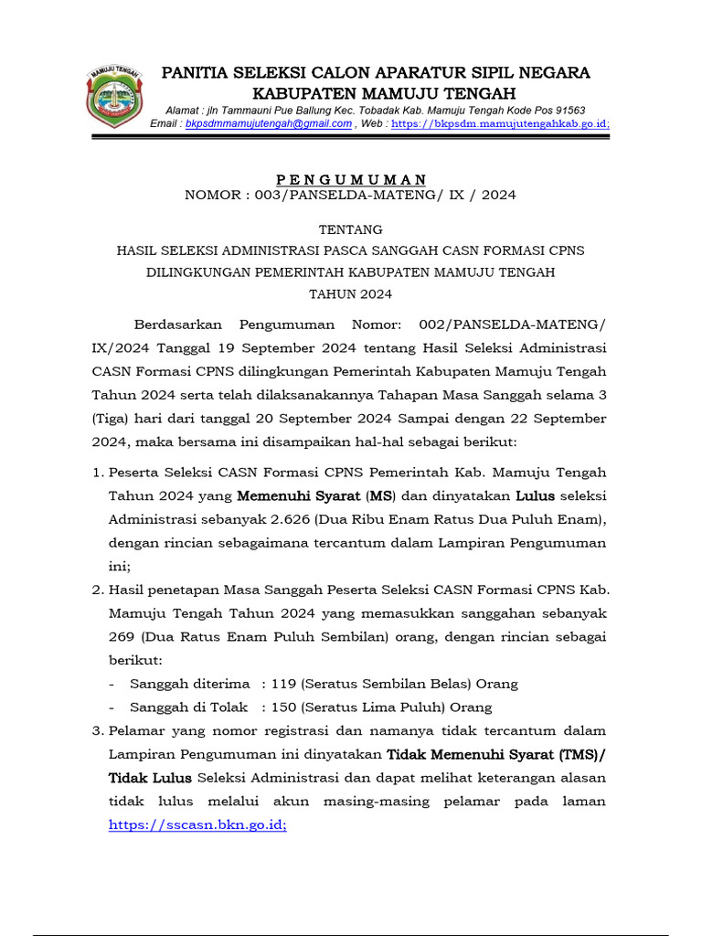 SK Pengumuman Hasil Seleksi Administrasi Pasca Sanggah | PDF