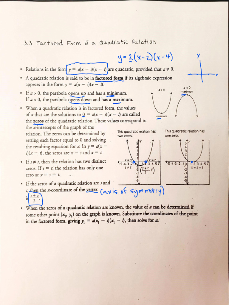 3.3 Factored Form Quadratic Relation TN | PDF | Algebra | Mathematics