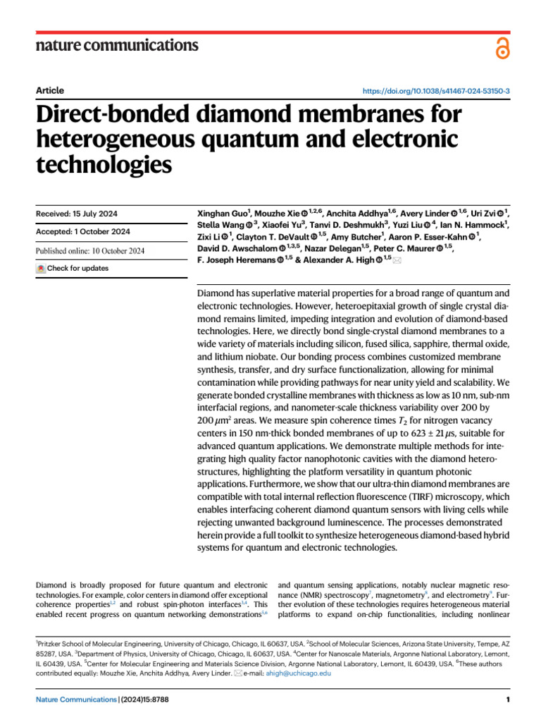 Direct-Bonded Diamond Membranes For Heterogeneous Quantum and ...