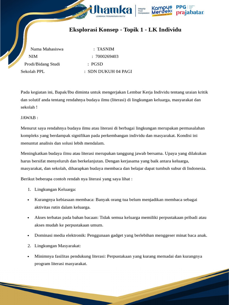 Eksplorasi Konsep - Topik 1 - LK Individu | PDF