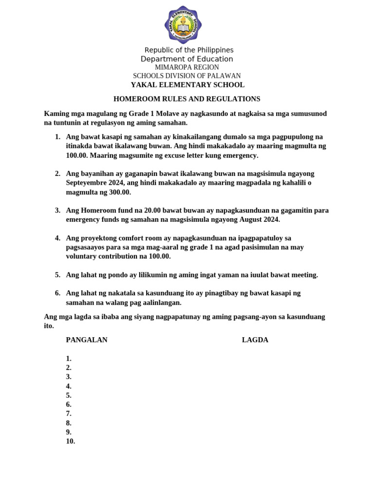 Grade 1 Hroom Rules and Regulations | PDF