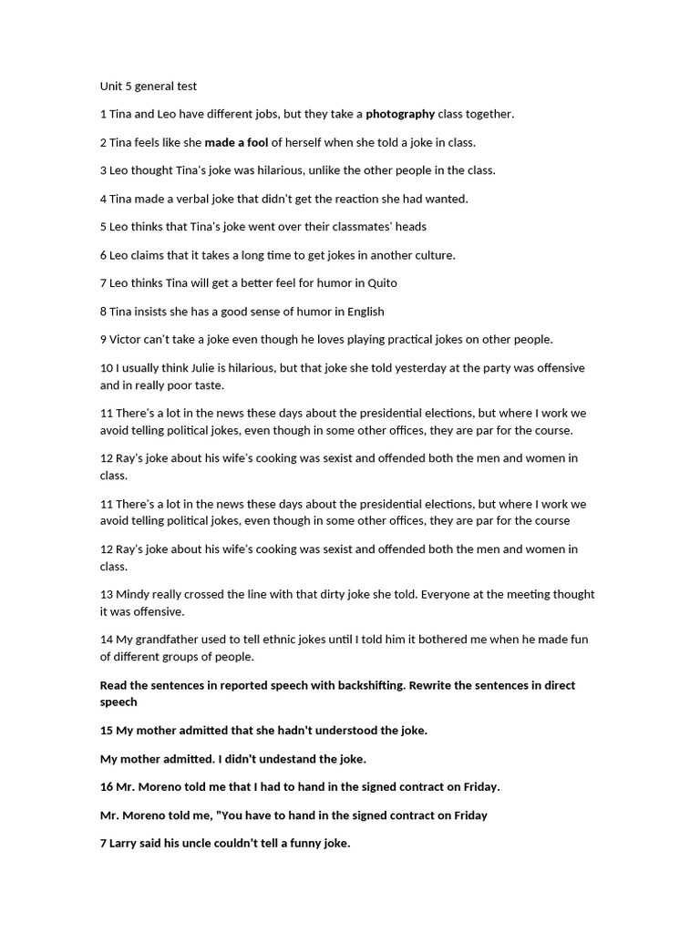 Unit 5 general test summit 2 | PDF | Jokes