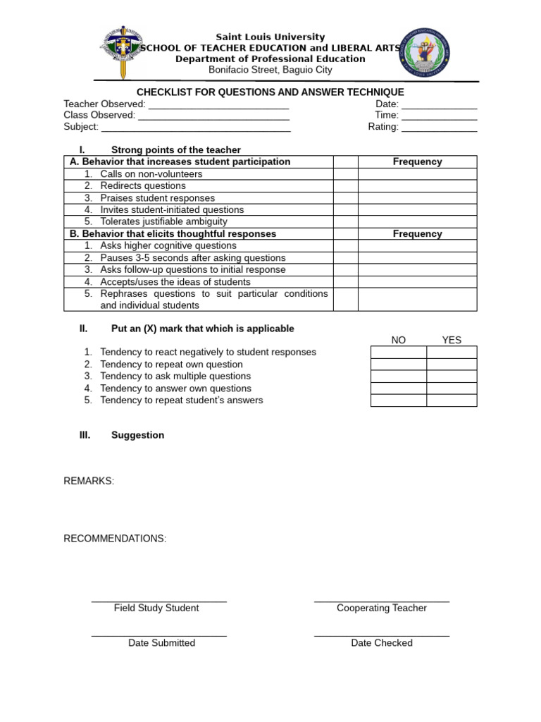 Checklist For Questions and Answer Technique | PDF