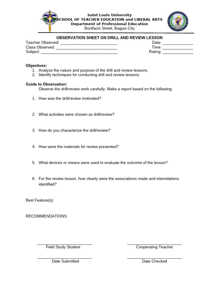Observation Sheet On Drill and Review Lesson | PDF